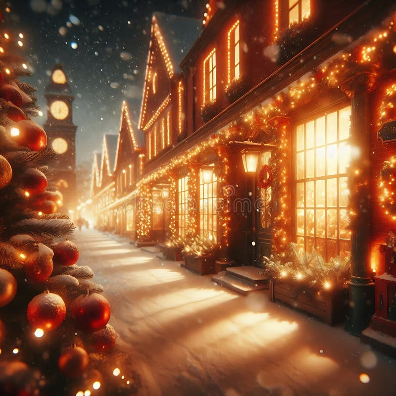 A Christmas Scene with Bodega Decorated by Christmas Lights at Snowy ...