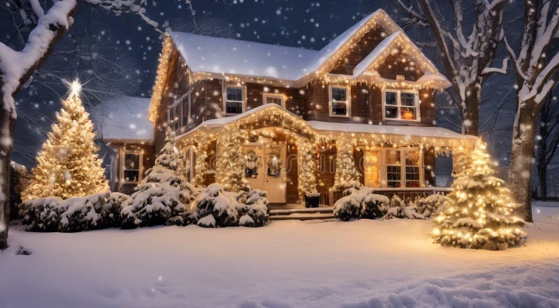 Christmas Scene with Christmas Decorations, Snow on the Houses ...