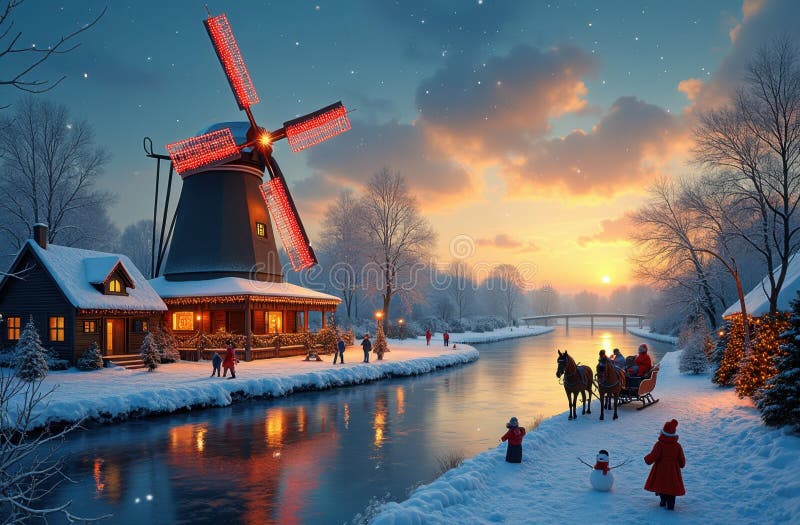 A Christmas Scene with a Dutch Windmill at 25-11-2024 Stock ...