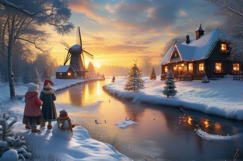 A Christmas Scene with a Dutch Windmill at 25-11-2024 Stock ...