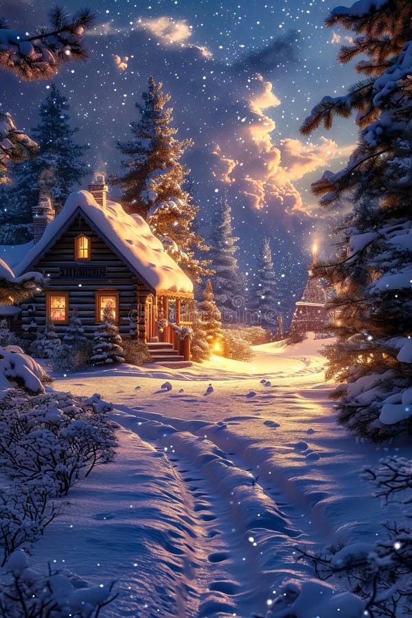 Christmas Scene Features Cabin with Lit Windows and Snow-covered ...