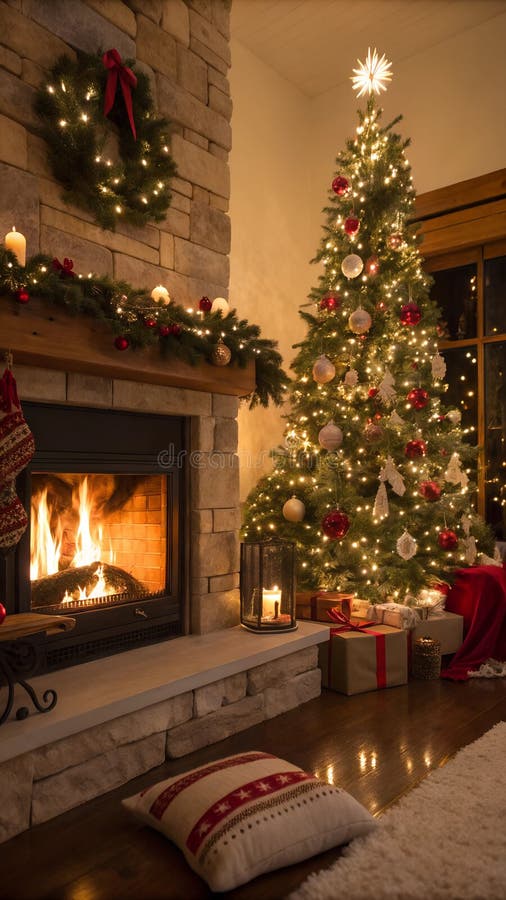A Christmas Scene with a Fire Place and a Christmas Tree. Image Stock ...