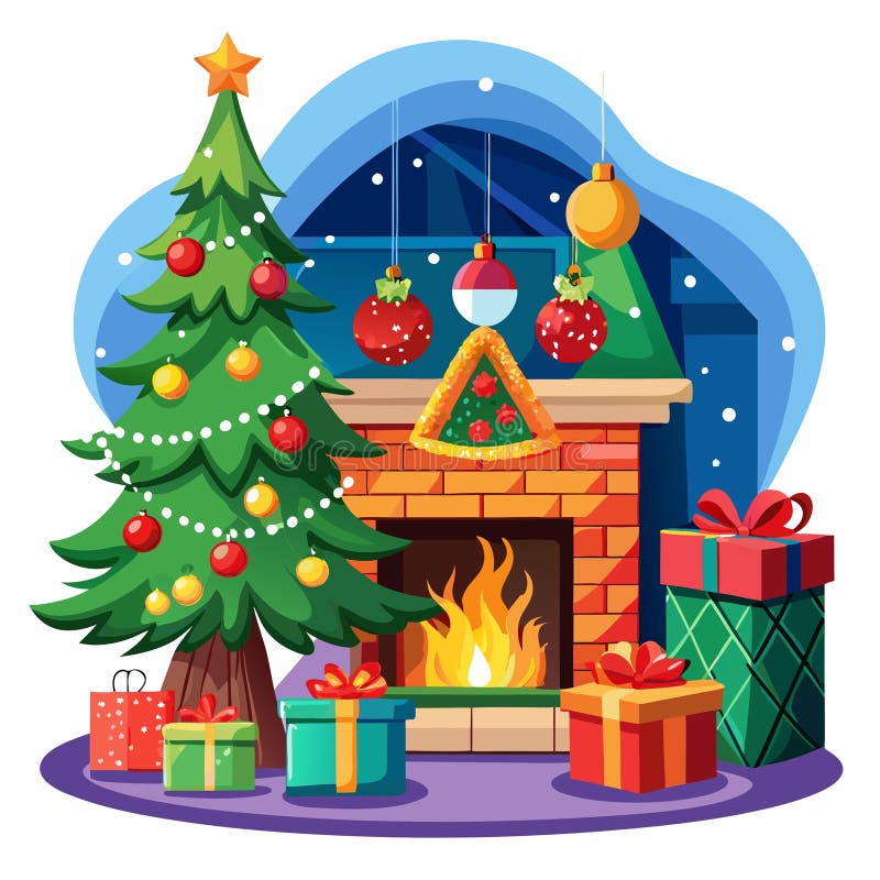 A Christmas Scene with a Fire Place and a Christmas Tree. Image Stock ...