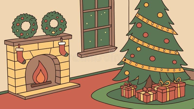 A Christmas Scene with a Fire Place and a Christmas Tree. Image Stock ...