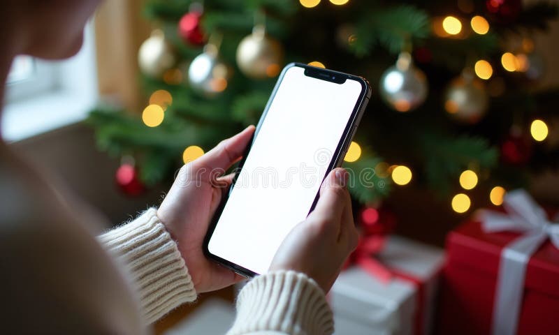 Christmas Scene Hands Holding Smartphone Blank White Screen Stock ...