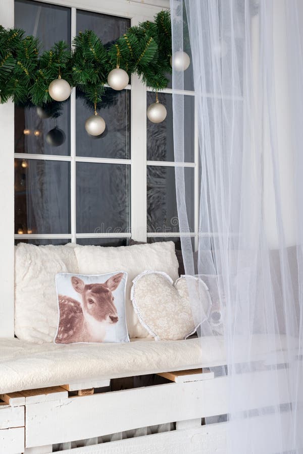 Christmas Scene with Holiday Decorations on Winter Windowsill. Stock ...