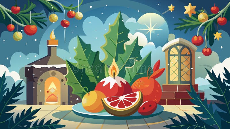 A Christmas Scene with Holly. Mist. and Pomegranates Stock Vector ...