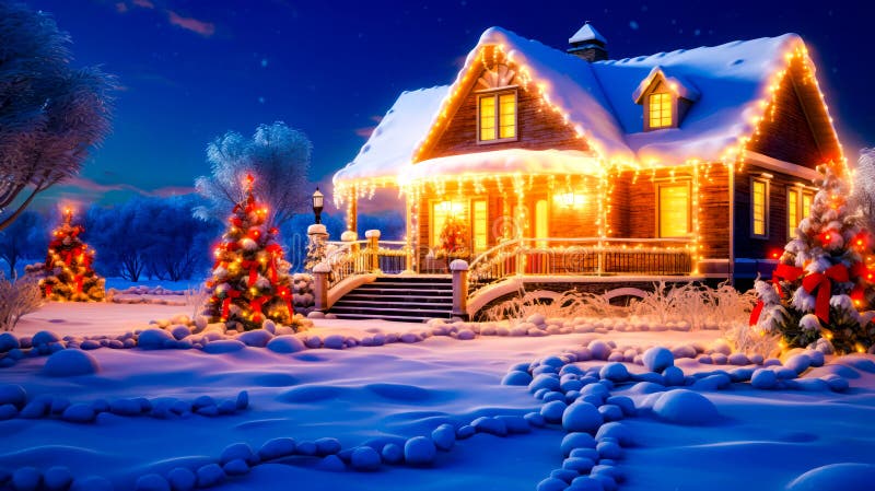 Christmas Scene with Lit Up House and Lit Up Christmas Tree. Generative ...