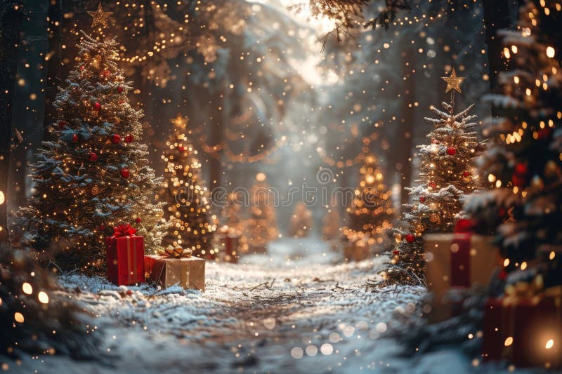 Christmas Scene with Path of Gift Boxes and Trees Stock Illustration ...