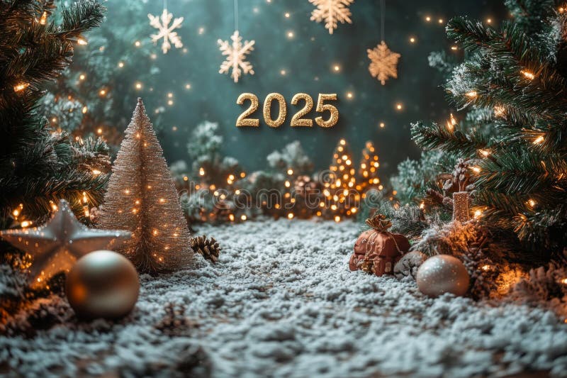 Christmas Scene with Path of Snow and Banner that Says 2025 with ...