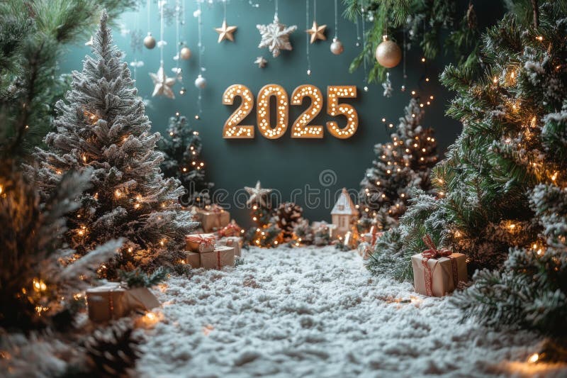 Christmas Scene with Path of Snow and Banner that Says 2025 with ...