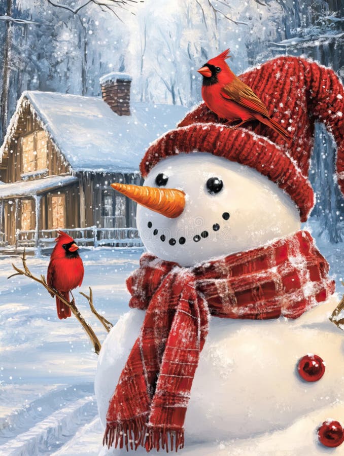 Christmas Scene. a Snowman in a Red Top Hat and a Red Cardinal Bird ...