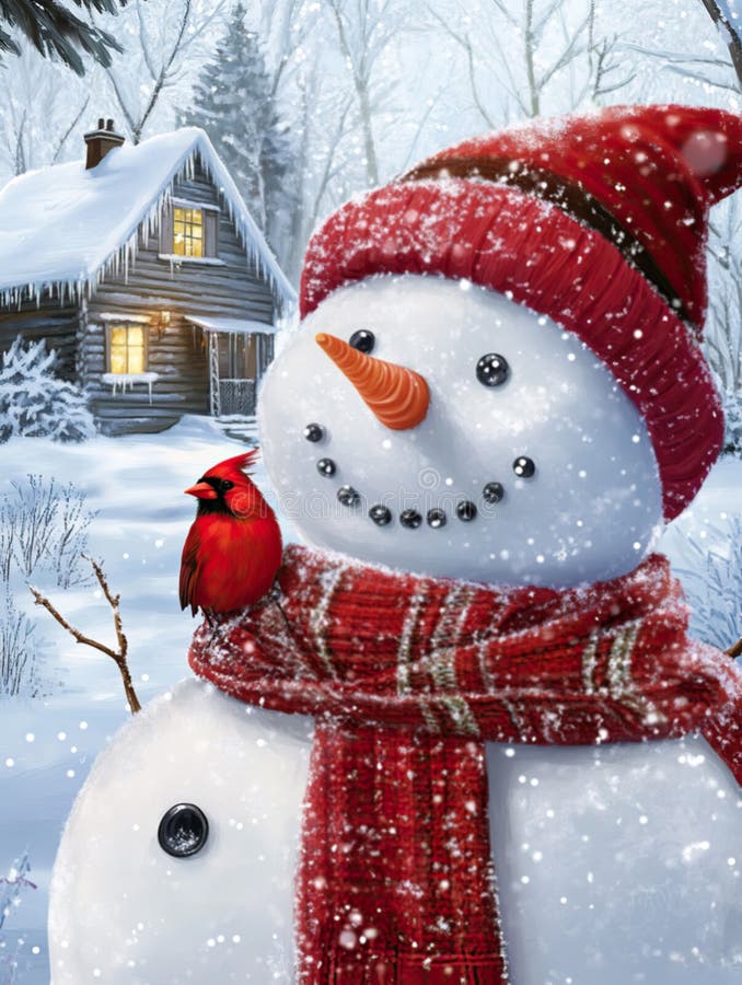 Christmas Scene. a Snowman in a Red Top Hat and a Red Cardinal Bird ...