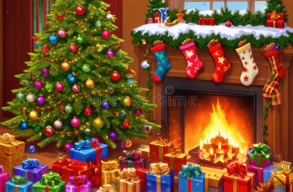 Christmas Scene with a Tree and Presents at 30-11-2024 Stock ...