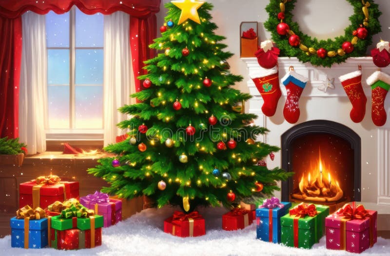 Christmas Scene with a Tree and Presents at 30-11-2024 Stock ...