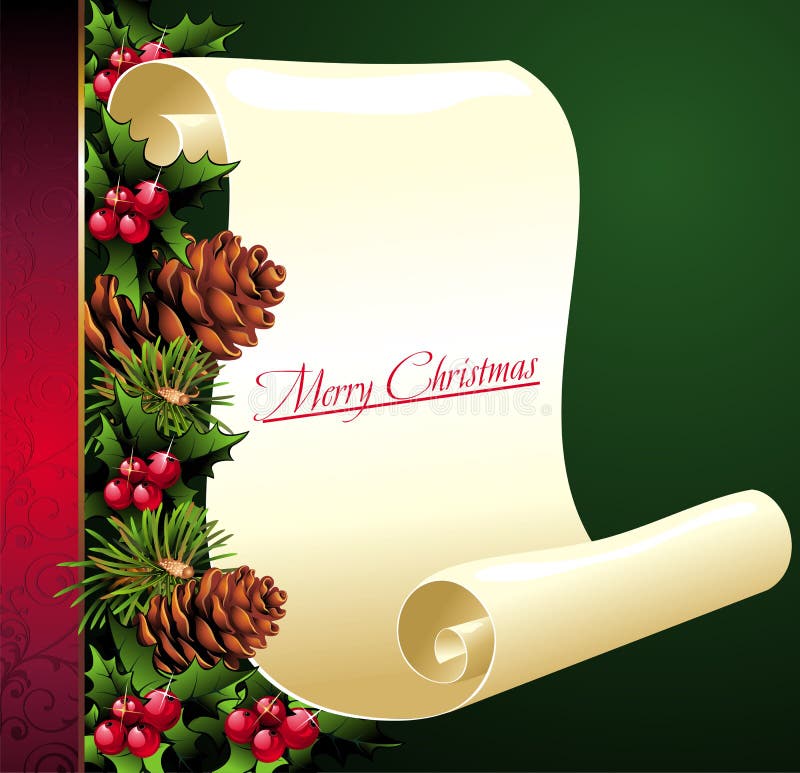 Christmas Scroll with Pinecone and Holly Stock Vector - Illustration of ...