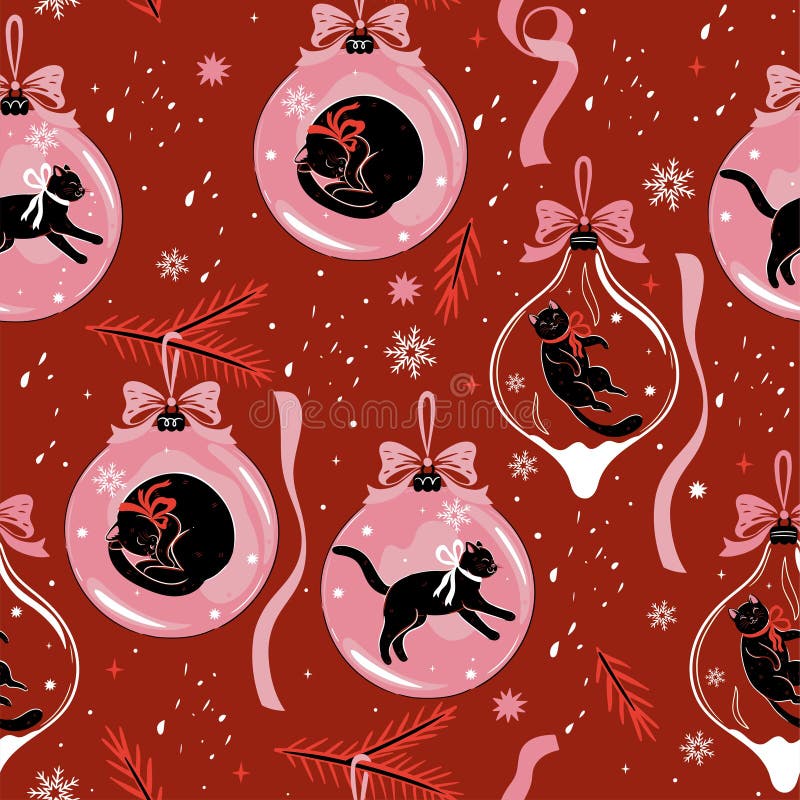 Christmas Seamless Pattern with Christmas Balls and Black Cats. Vector ...