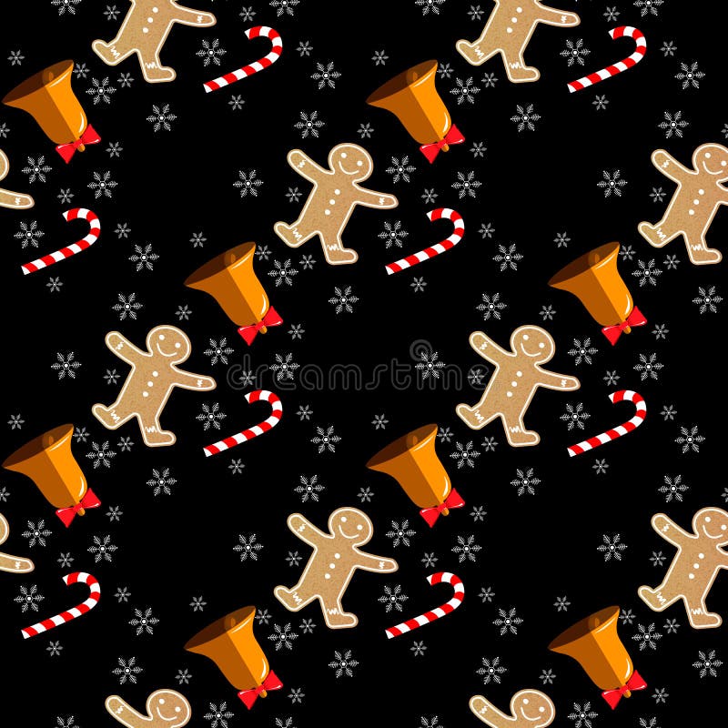 Christmas Seamless Pattern with Bell, Gingerbread Man, Candy and ...