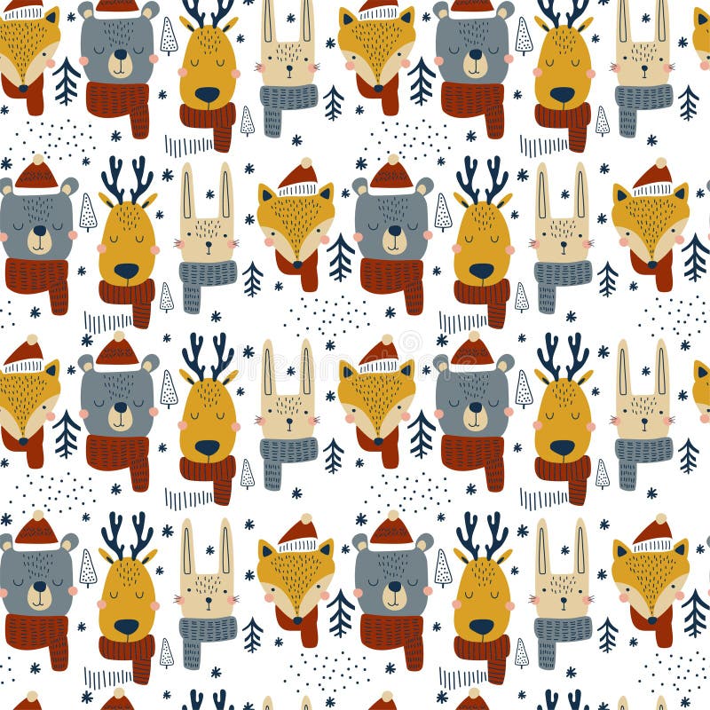 Christmas Seamless Pattern with Cute Forest Animals. Vector ...