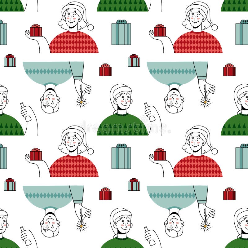 Christmas Seamless Pattern with Cute People Celebration. Vector ...