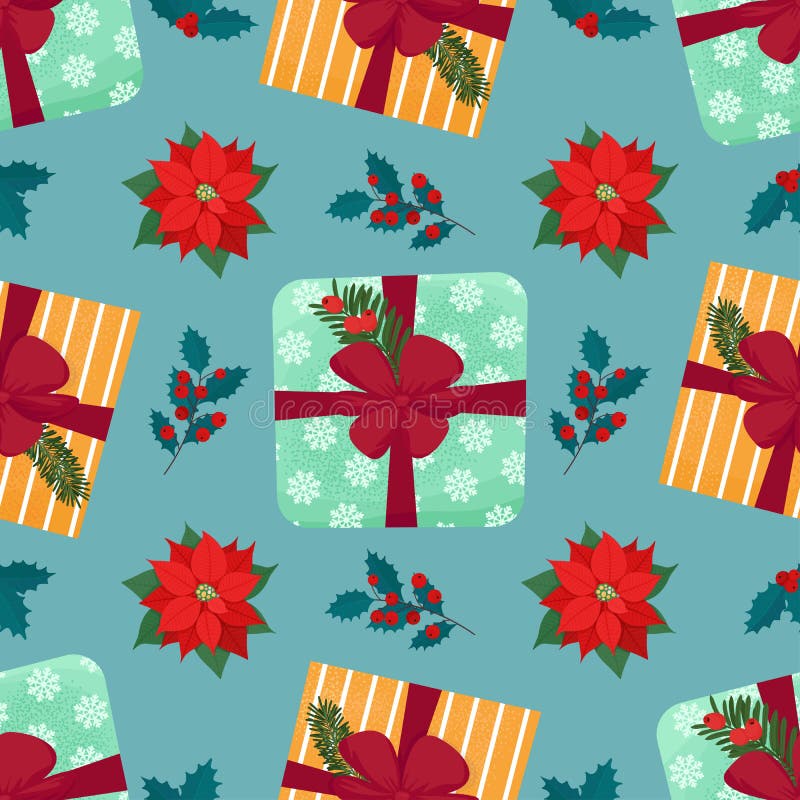 Christmas Seamless Pattern with Gift Box and Plants. Vector Isolated ...