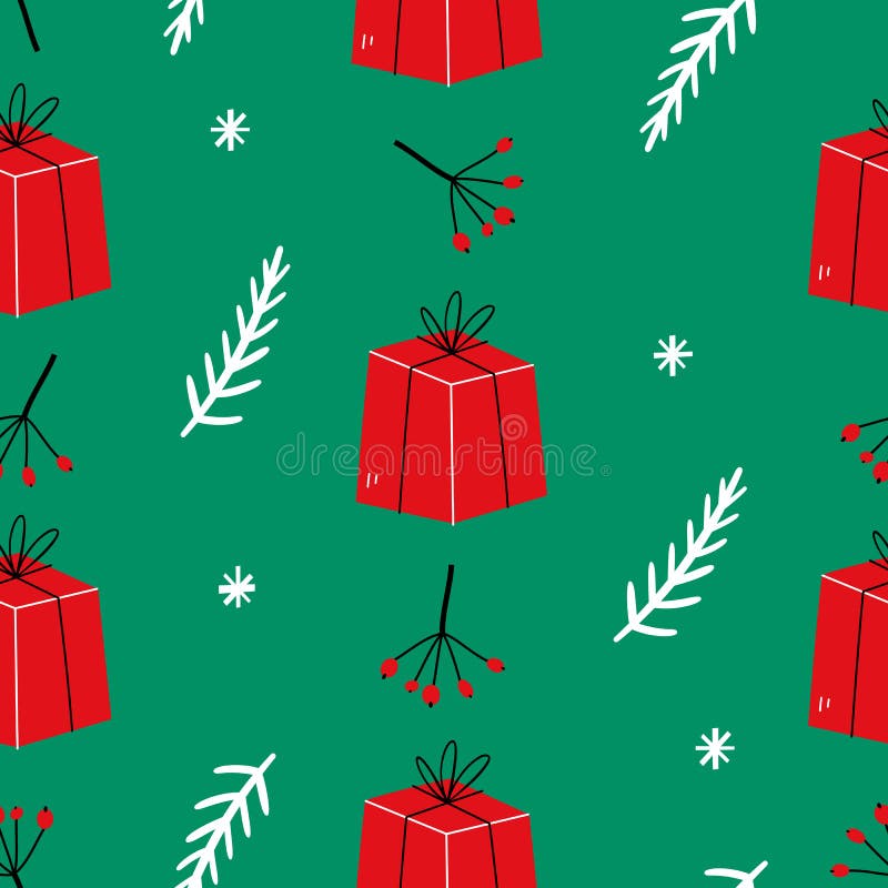 Christmas Seamless Pattern with Gift Boxes, Branches and Berries Stock ...