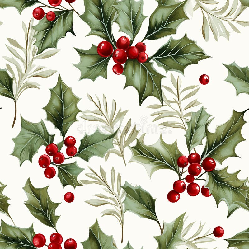 Christmas Seamless Pattern with Holly Leaves and Berries. Vector ...
