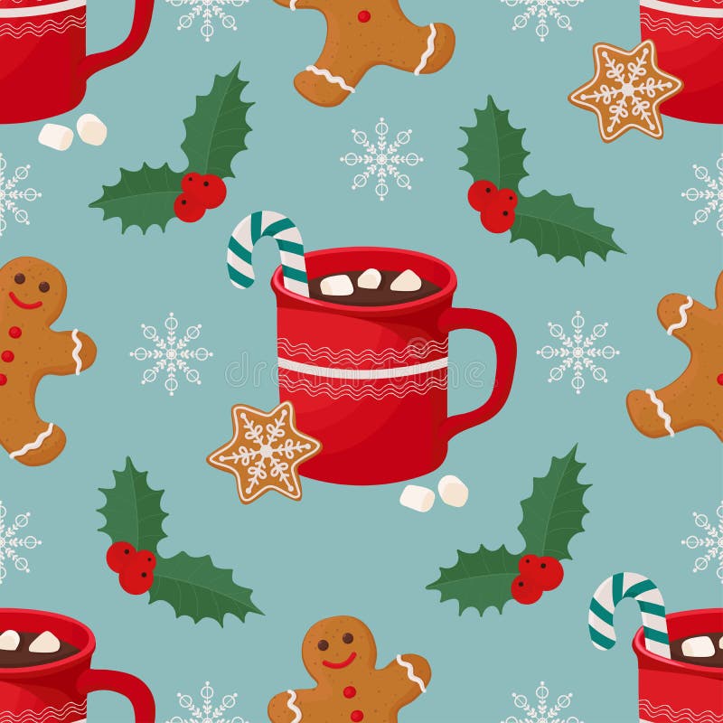 Christmas Seamless Pattern with Hot Chocolate and Gingerbread. Vector ...