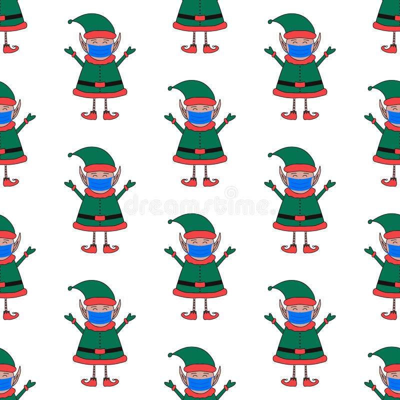 Christmas Seamless Pattern Made from Elf Character in Medical Mask ...