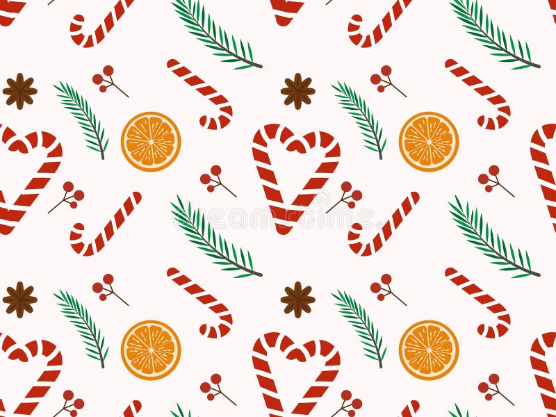 Christmas Seamless Pattern with Orange Slice, Candy Cane, Fir Branch ...