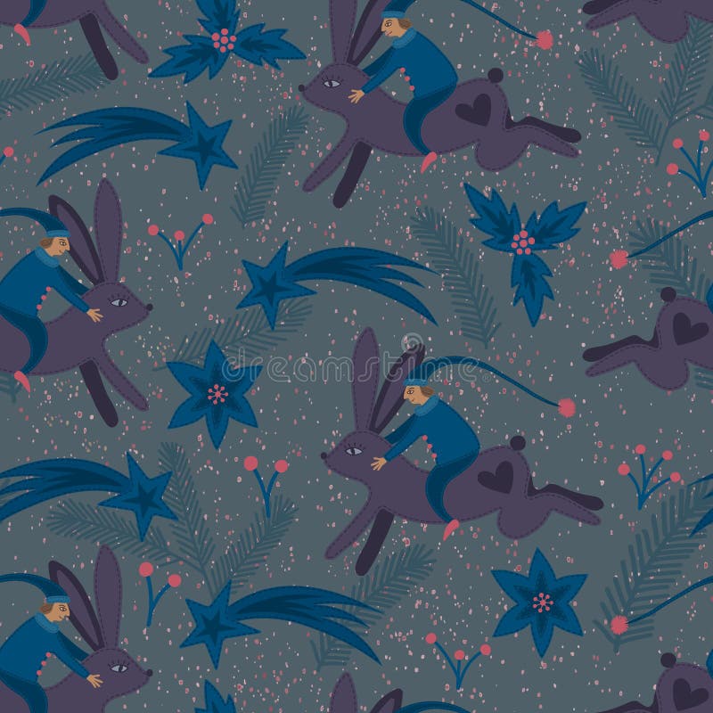 Christmas Seamless Pattern Rabbit and Elf Stock Vector - Illustration ...