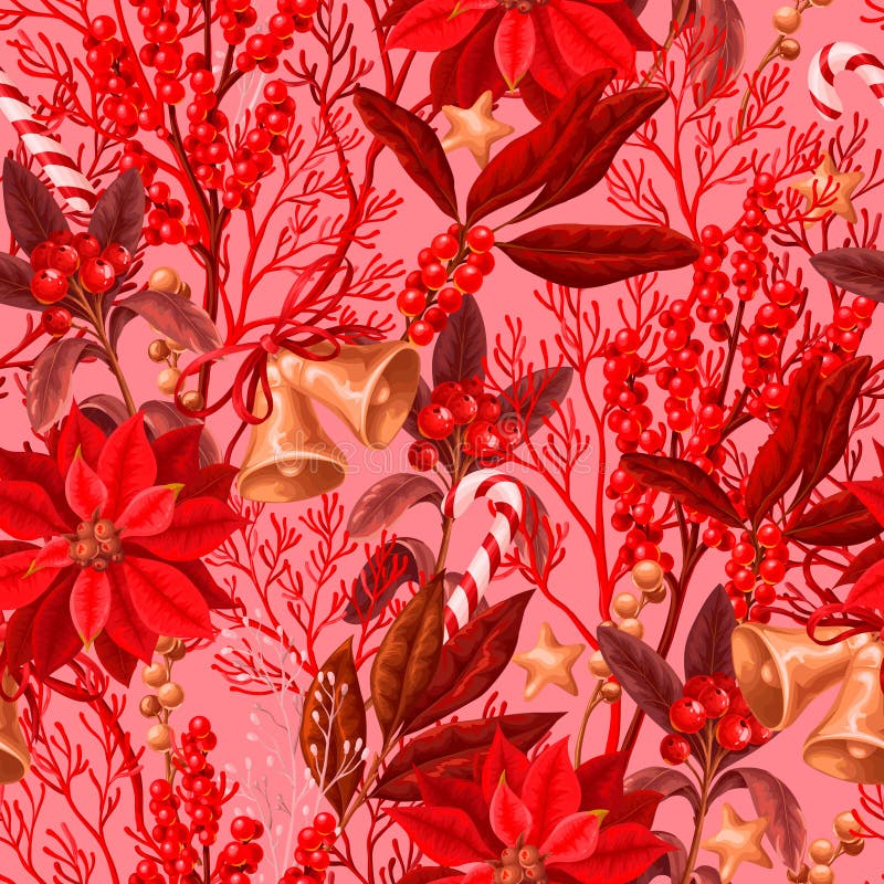 Christmas Seamless Pattern with Red Berries and Bells. Vector. Stock ...