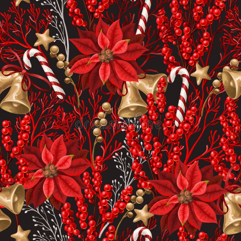 Christmas Seamless Pattern with Red Berries and Bells. Vector. Stock ...