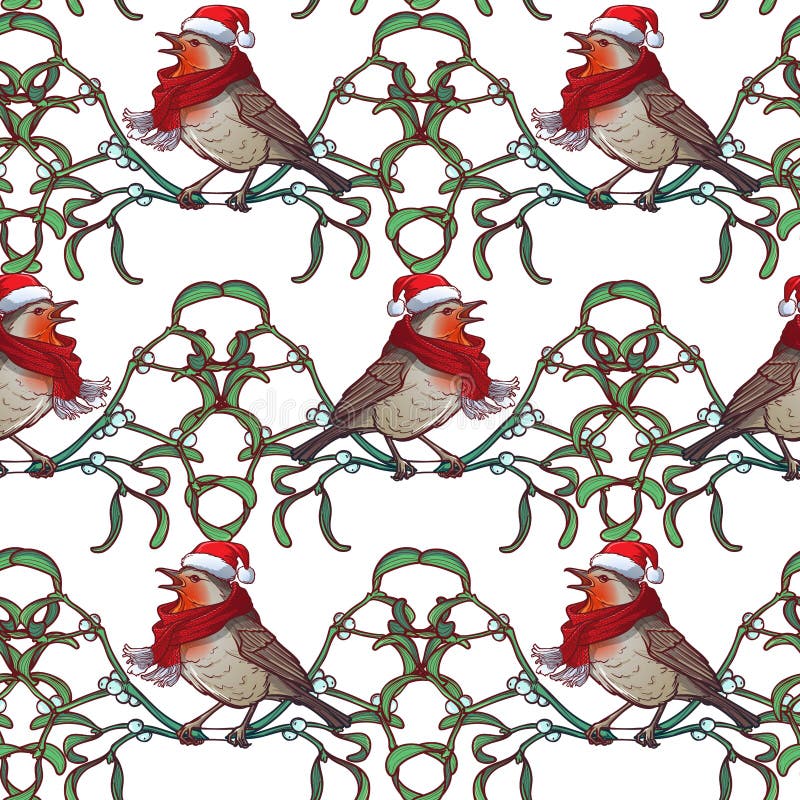 Christmas Seamless Pattern. Robin Bird in a Red Christmas Hat and Skarf ...