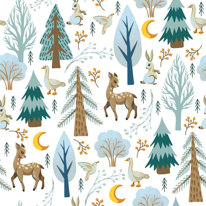 Christmas Seamless Pattern with Rustic Animals, Birds and Trees ...