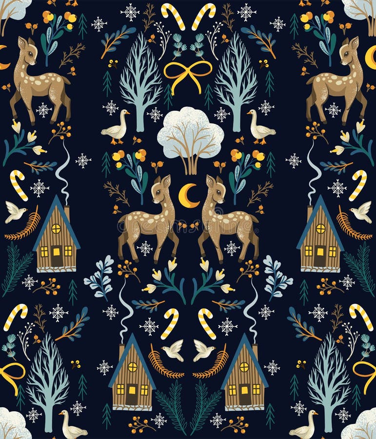 Christmas Seamless Pattern with Rustic Animals, Birds and Trees ...