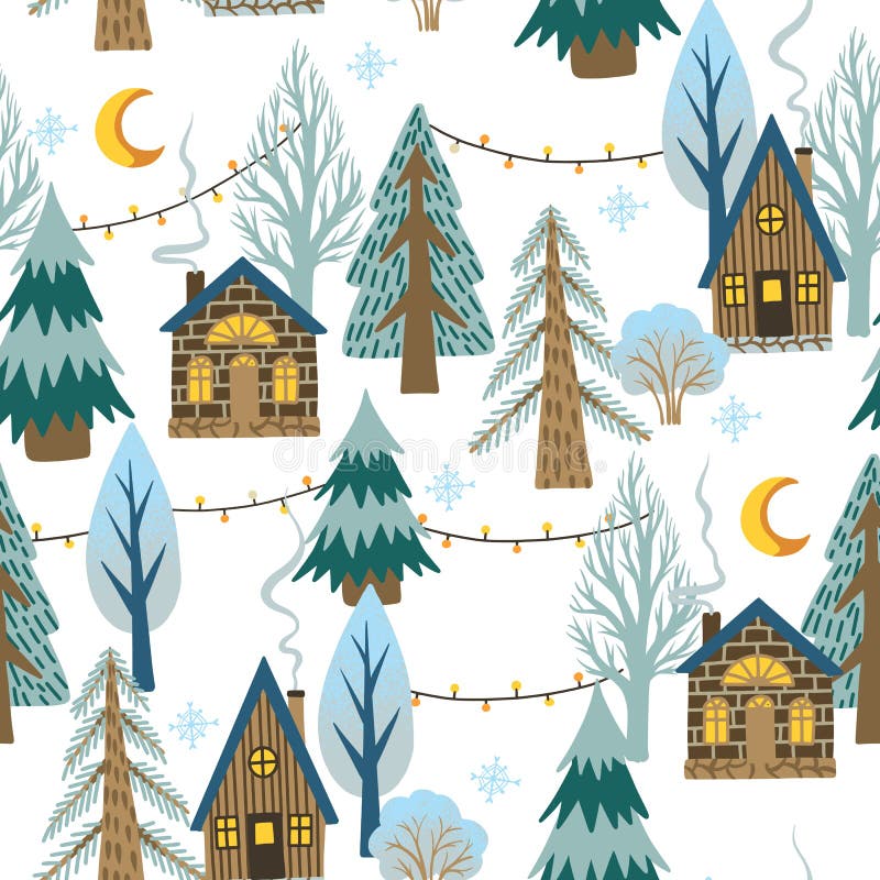 Christmas Seamless Pattern with Rustic Houses and Trees. Wallpaper ...