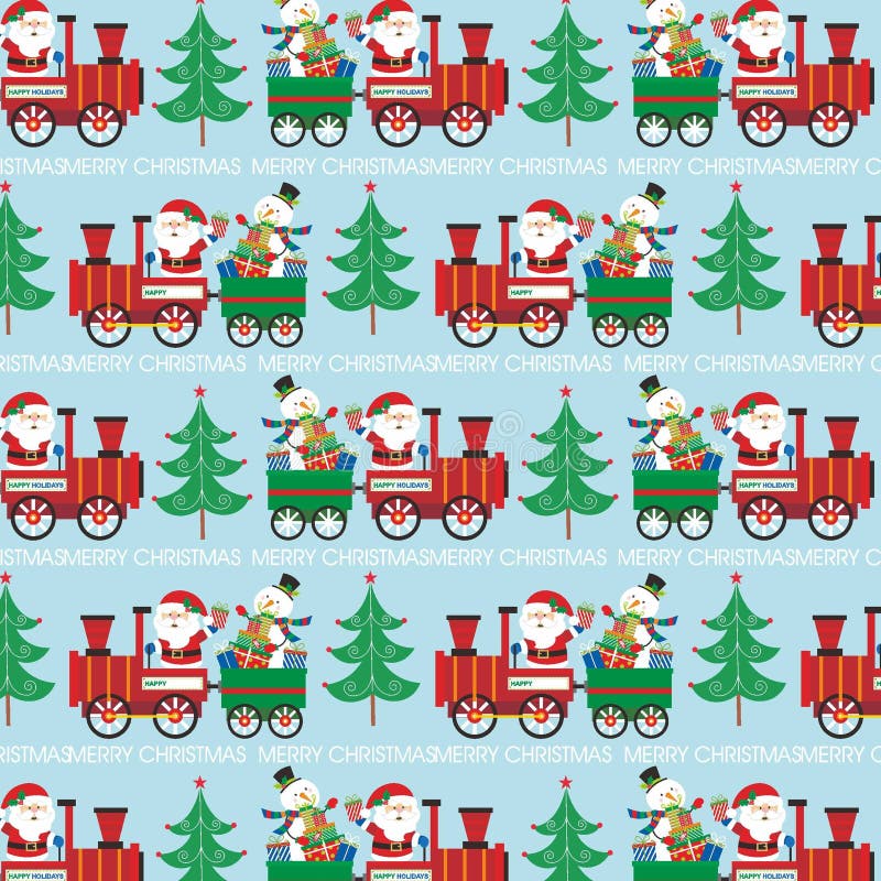 Christmas Seamless Pattern with Santa, Snowman, Tree and Train Stock ...