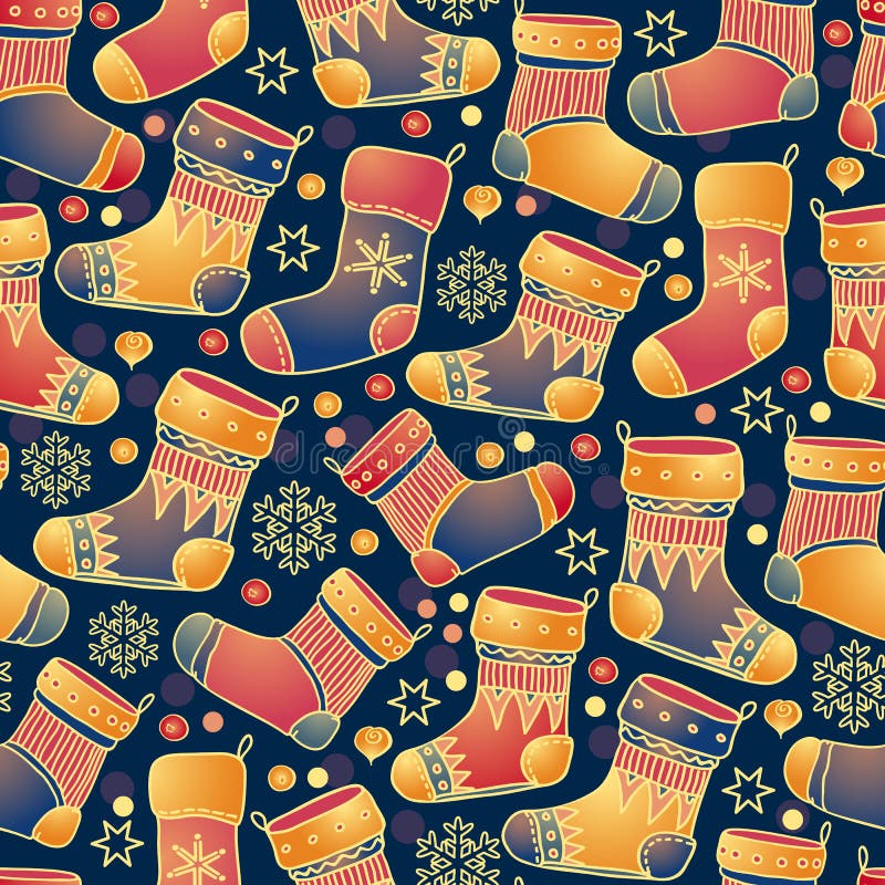 Christmas Seamless Pattern With Stockings And Snowflakes Vector