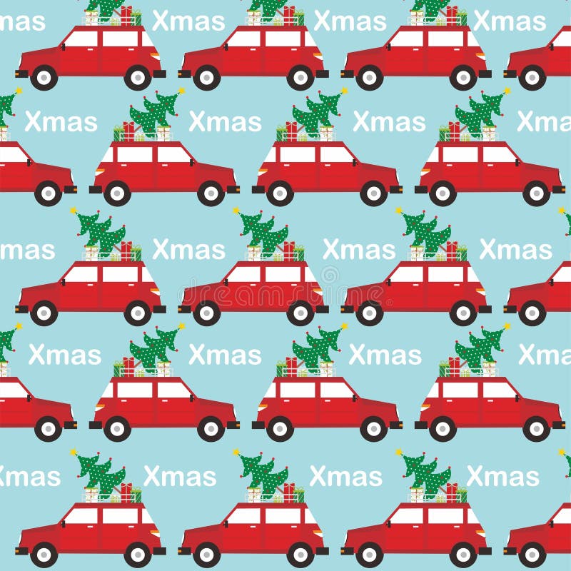 Christmas Seamless Pattern with Christmas Tree and Gifts on the Red Car ...