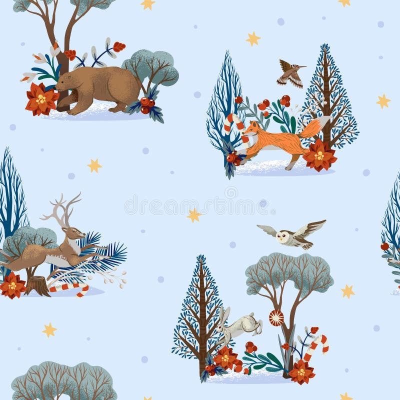 Christmas Seamless Pattern with Trees and Animals. Vector Holiday ...