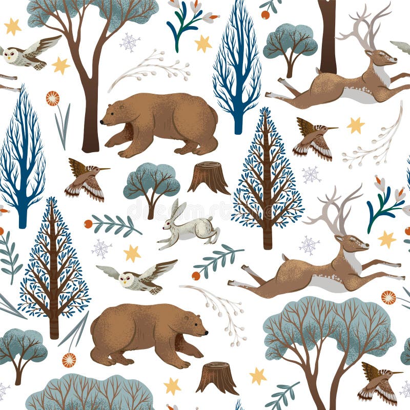 Christmas Seamless Pattern with Trees and Animals. Vector Holiday ...