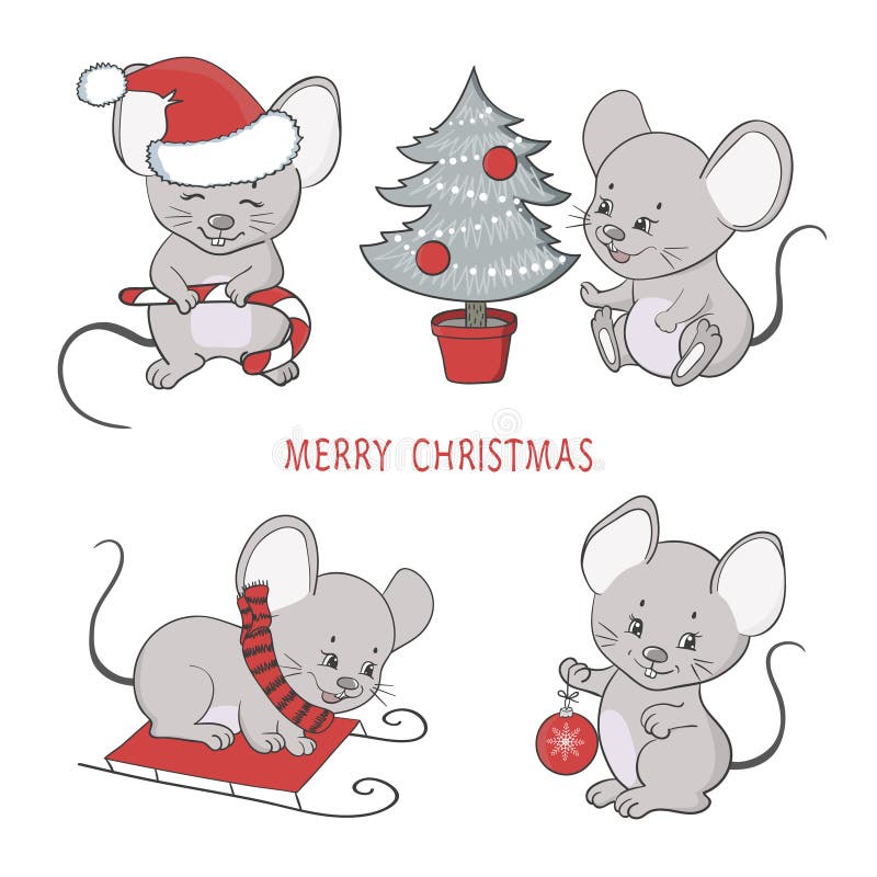 Christmas Set of Cute Cartoon Mouse. Stock Vector - Illustration of ...
