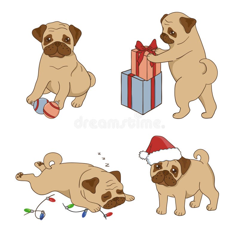 Christmas Set with Cute Pugs. Stock Vector - Illustration of holiday ...