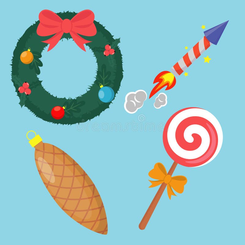 Christmas Set of Vector Elements Includes Wreath, Firework Rocket ...