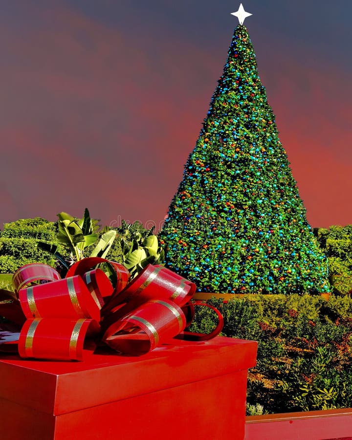 Christmas Setting with Decorated Tree in Outdoor Sunset Scene Stock ...