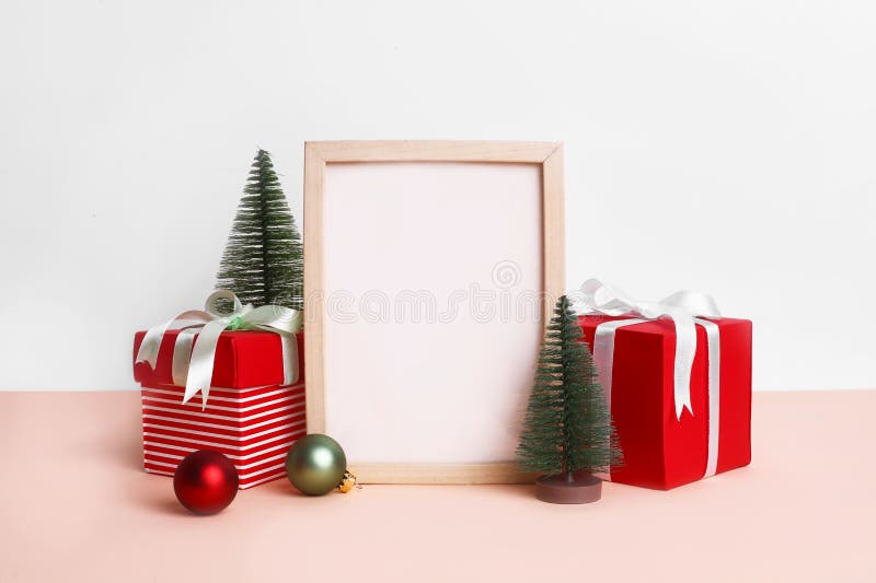 Christmas Setup with Decorations and Blank Wooden Frame in the Middle ...