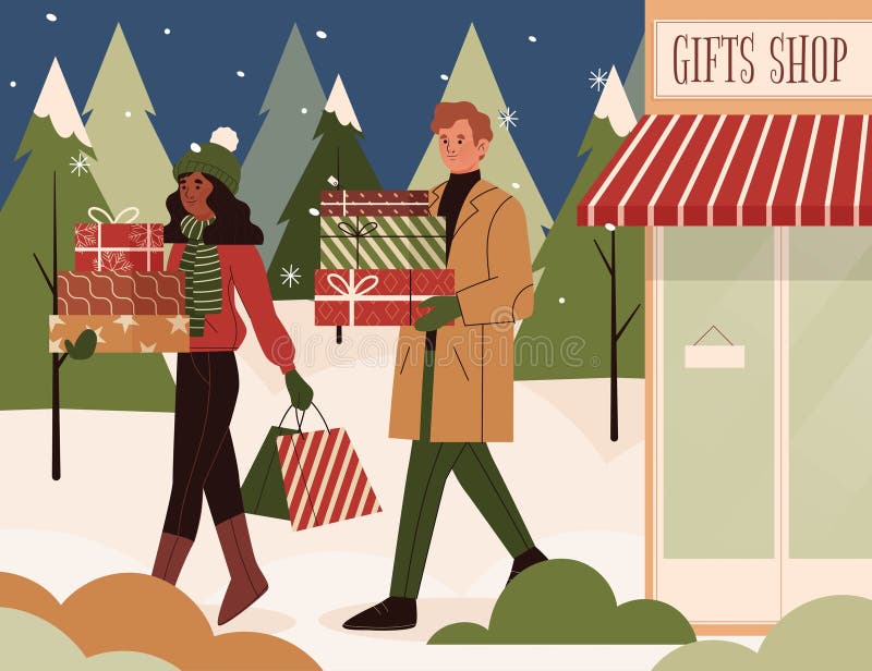 Christmas Shopping Scene Vector Design Stock Vector - Illustration of ...