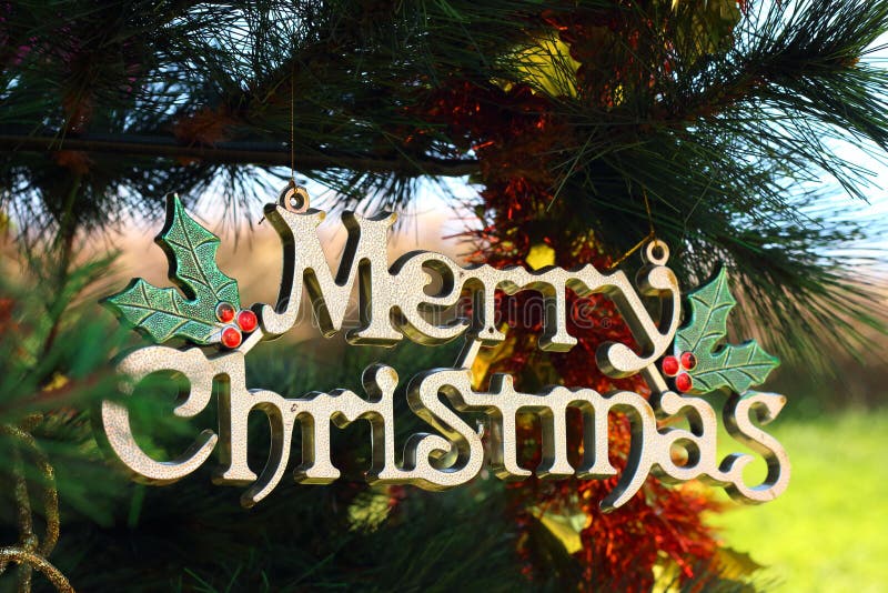 Christmas Signs Hanging on the Christmas Tree Stock Image - Image of ...