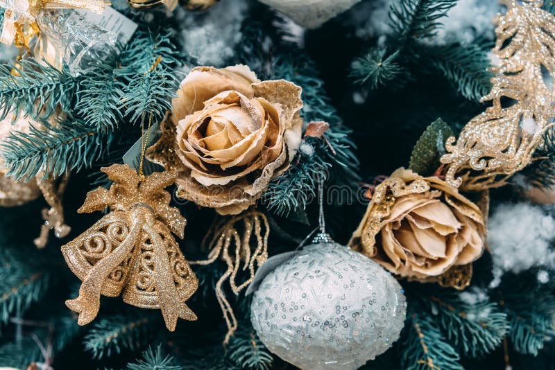 Christmas Silver Ball on Branch at Christmas Tree. Stock Photo - Image ...